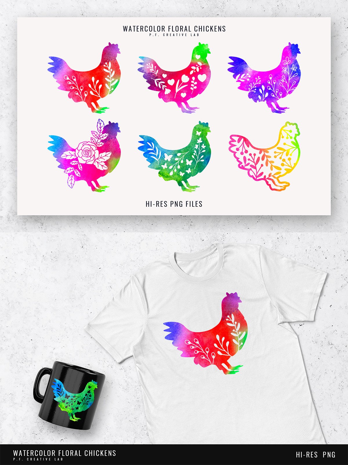 Watercolor Floral Chickens Sublimation Bundle (2154393)