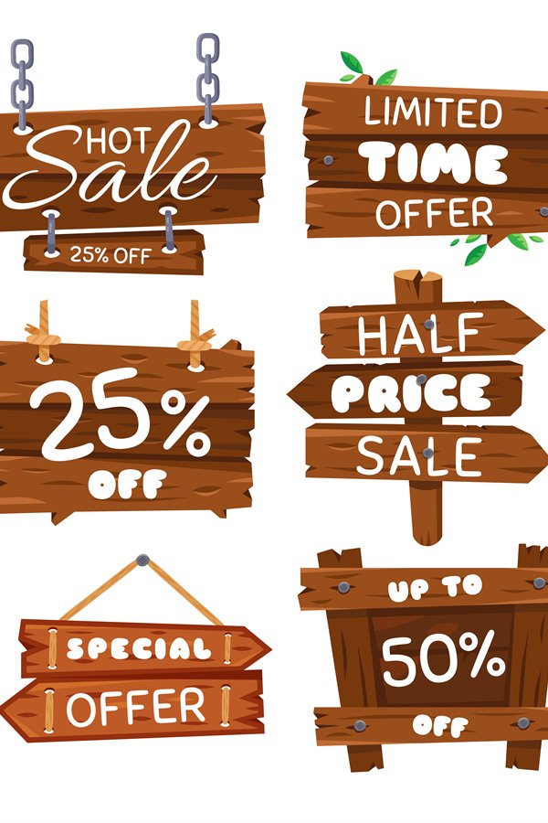 Wooden sale sticker. Season sales sign, wood board offer tag