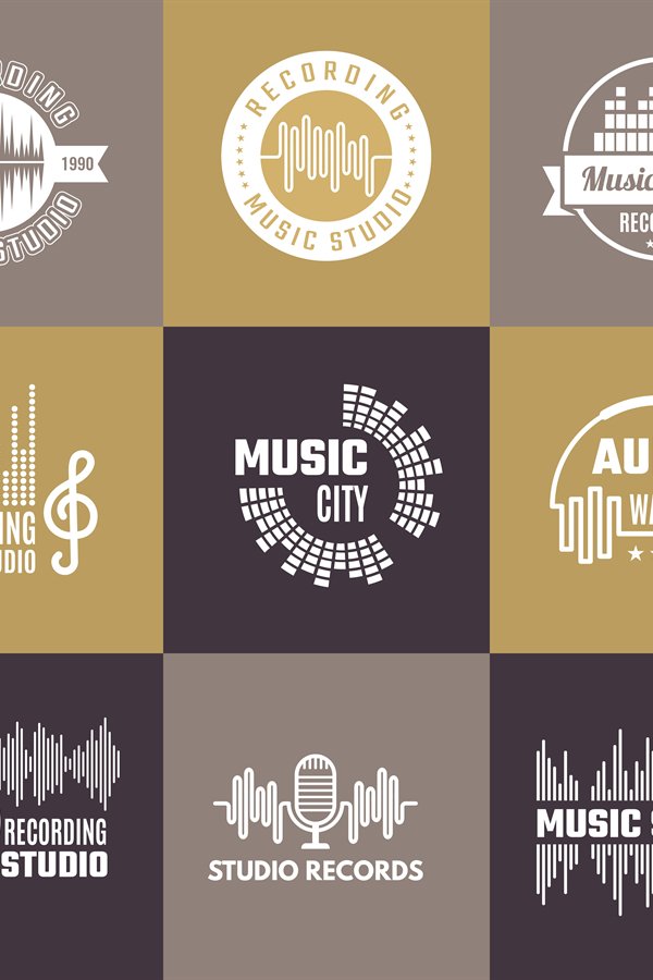 Musical logo. Audio studio badges sound waves shapes vector