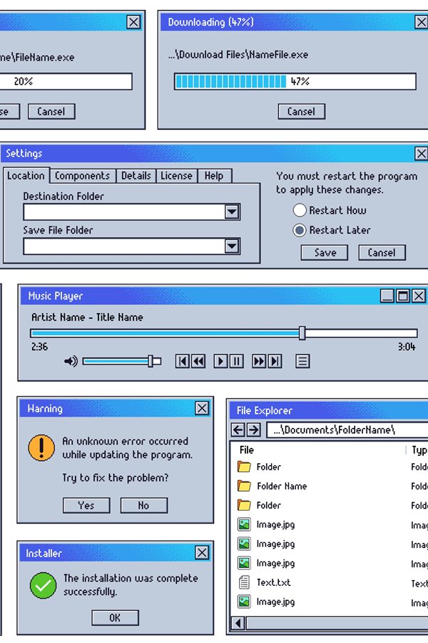 Retro user interface. Retro UI copying, downloading box and