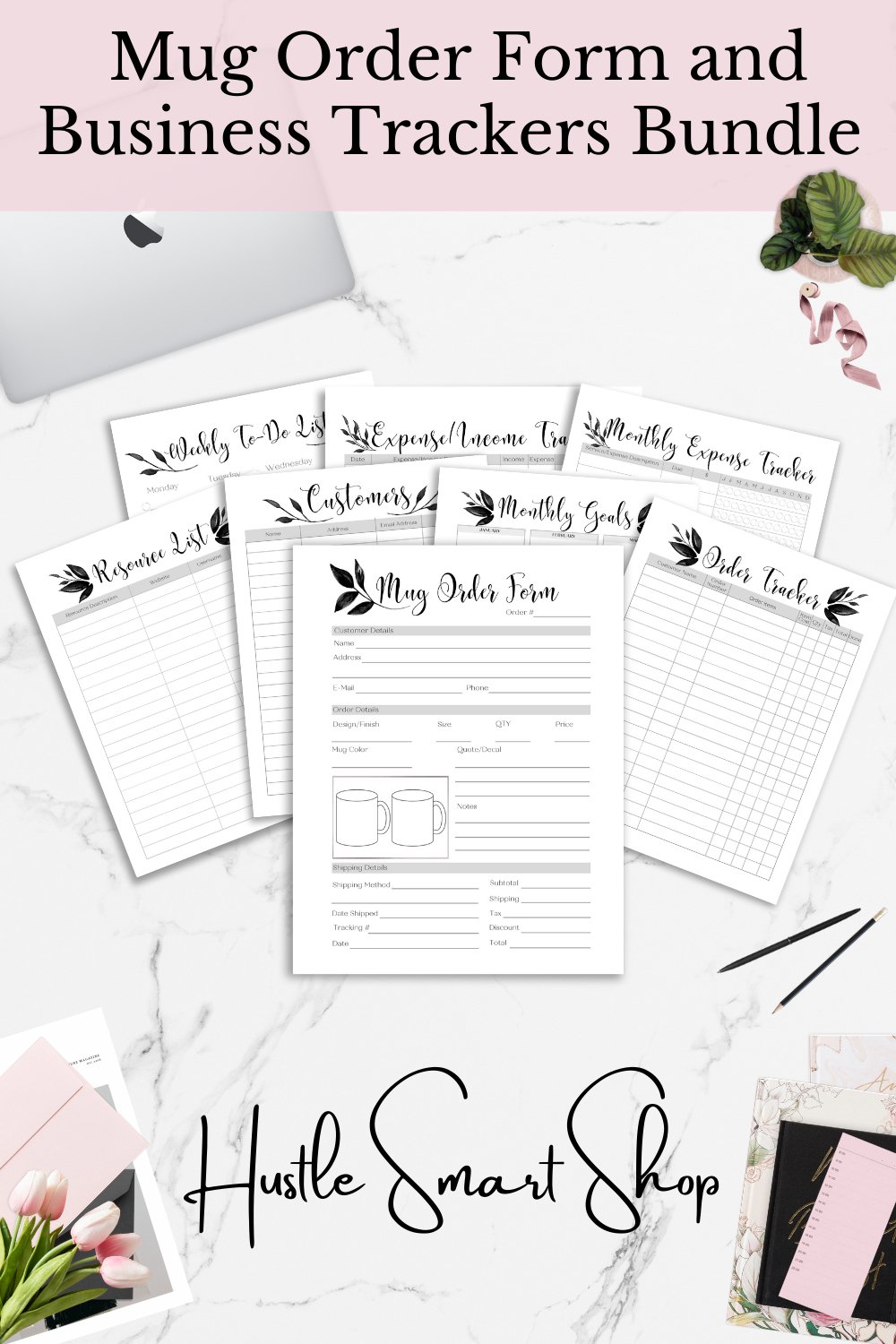 Mug Order Form, Customer & Order Trackers, Black Leaves