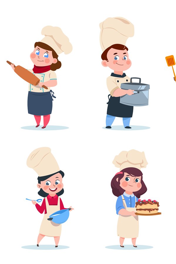 Cook kids. Cartoon chief children preparation meal. Cooking