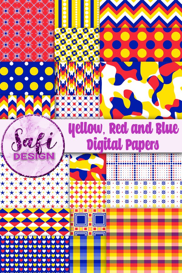 Digital Paper Backgrounds - Yellow, Red and Blue Patterns