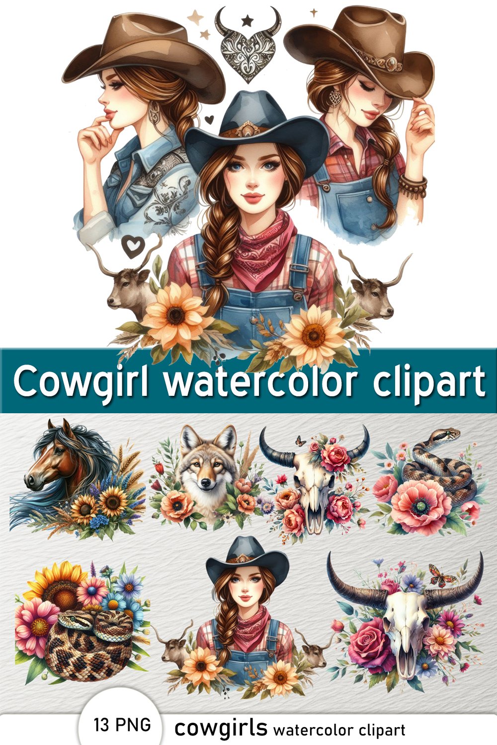 Cowgirl sublimation design, watercolor western clipart, PNG