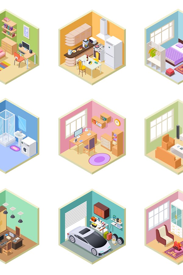 Isometric rooms. Designed house, living room kitchen bathroo