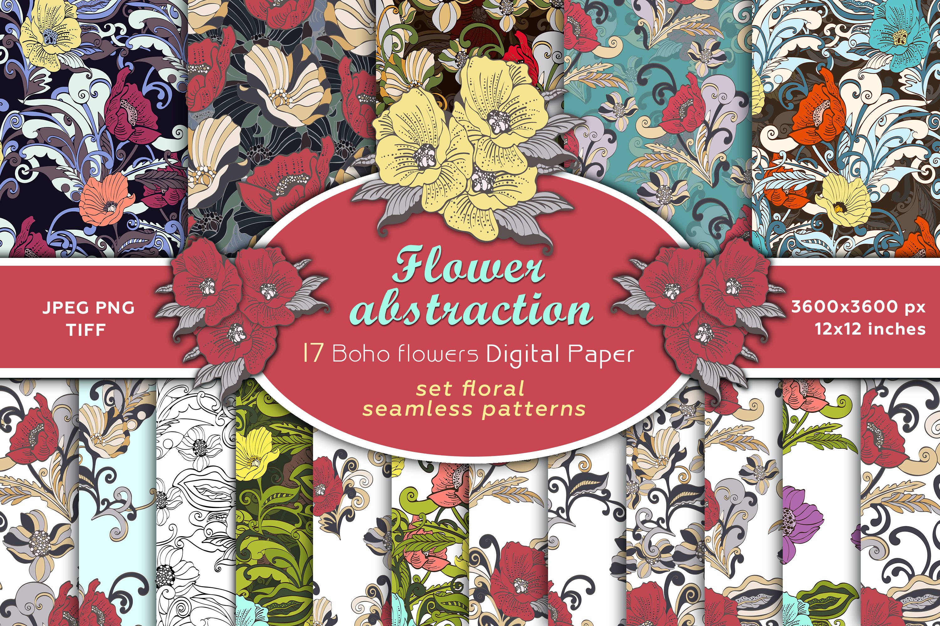 Floral Digital Paper, exotic flowers seamless pattern set