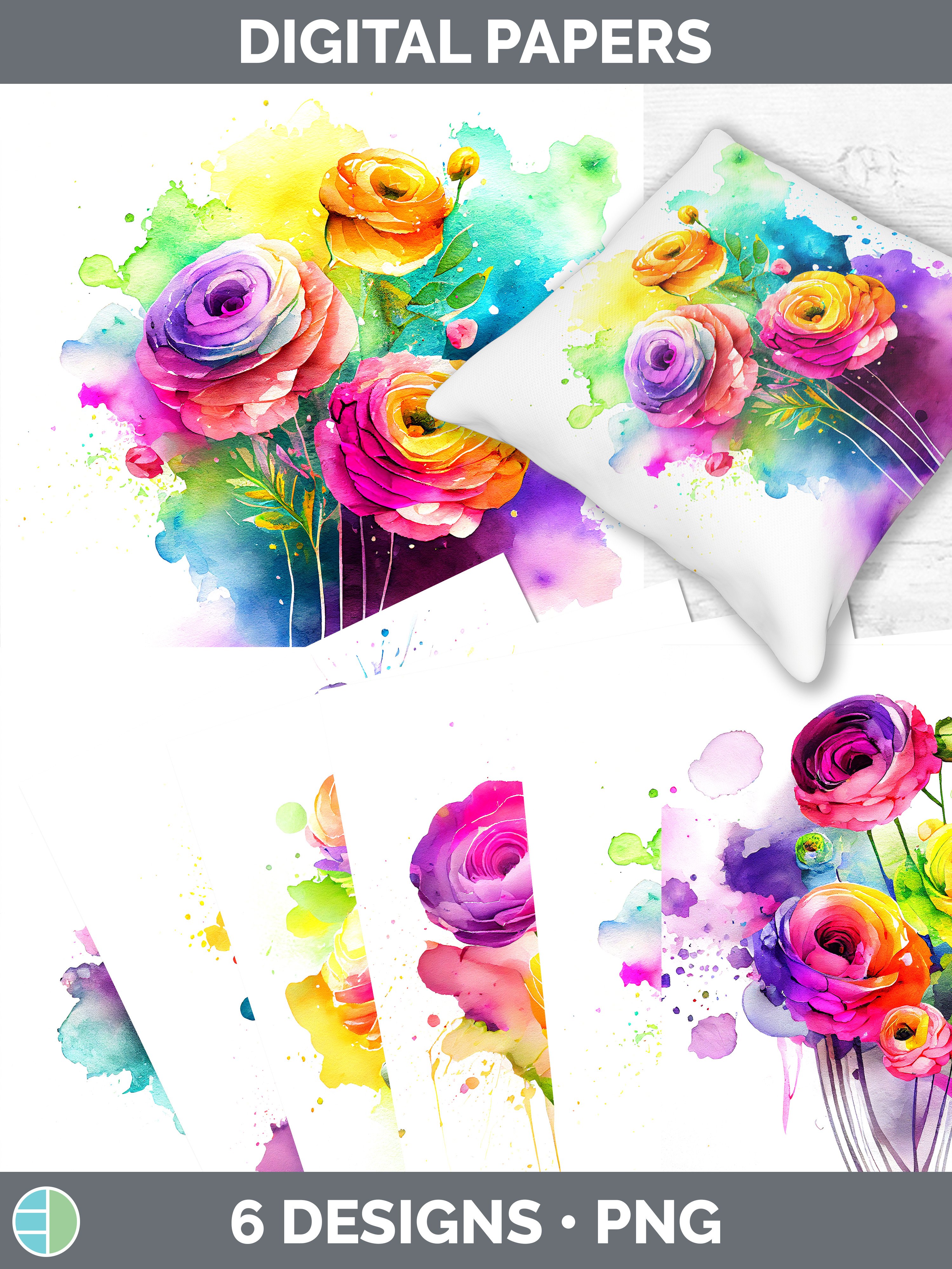 Rainbow Ranunculus Flowers Paper Backgrounds | Digital Scrap