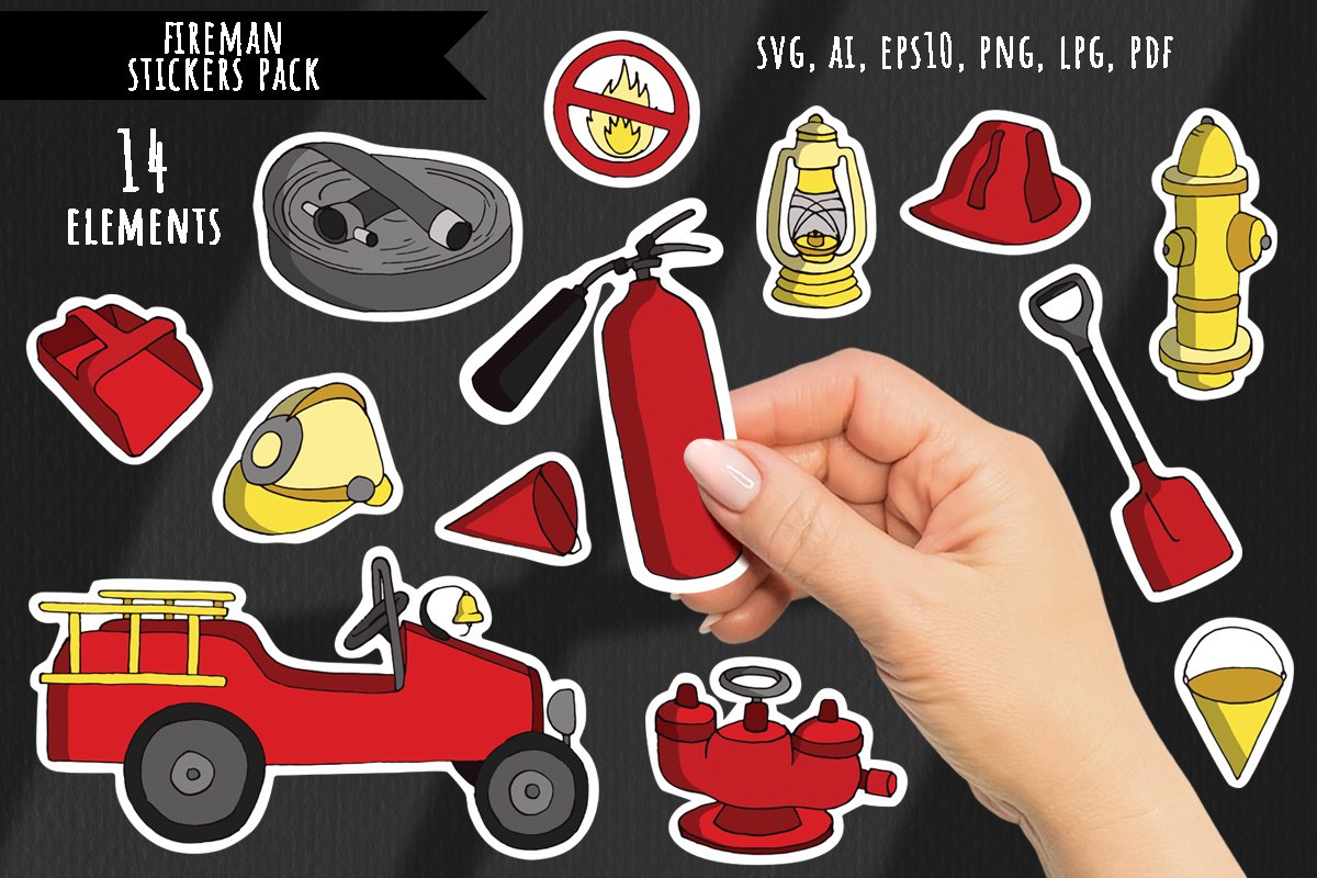 Fireman. Hand drawn retro stickers pack