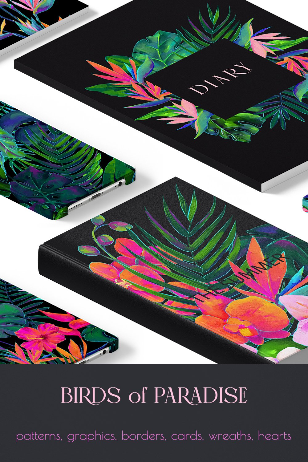 Colorful tropical flowers and leaves clipart and patterns