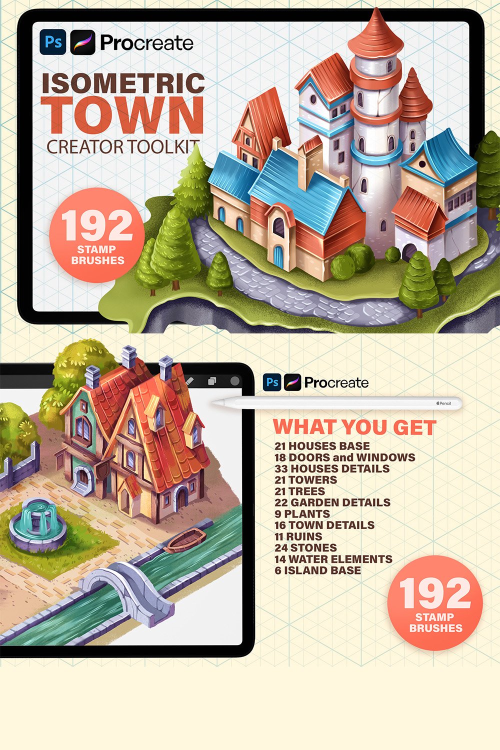 ISOMETRIC TOWN CREATOR FOR PROCREATE AND PHOTOSHOP