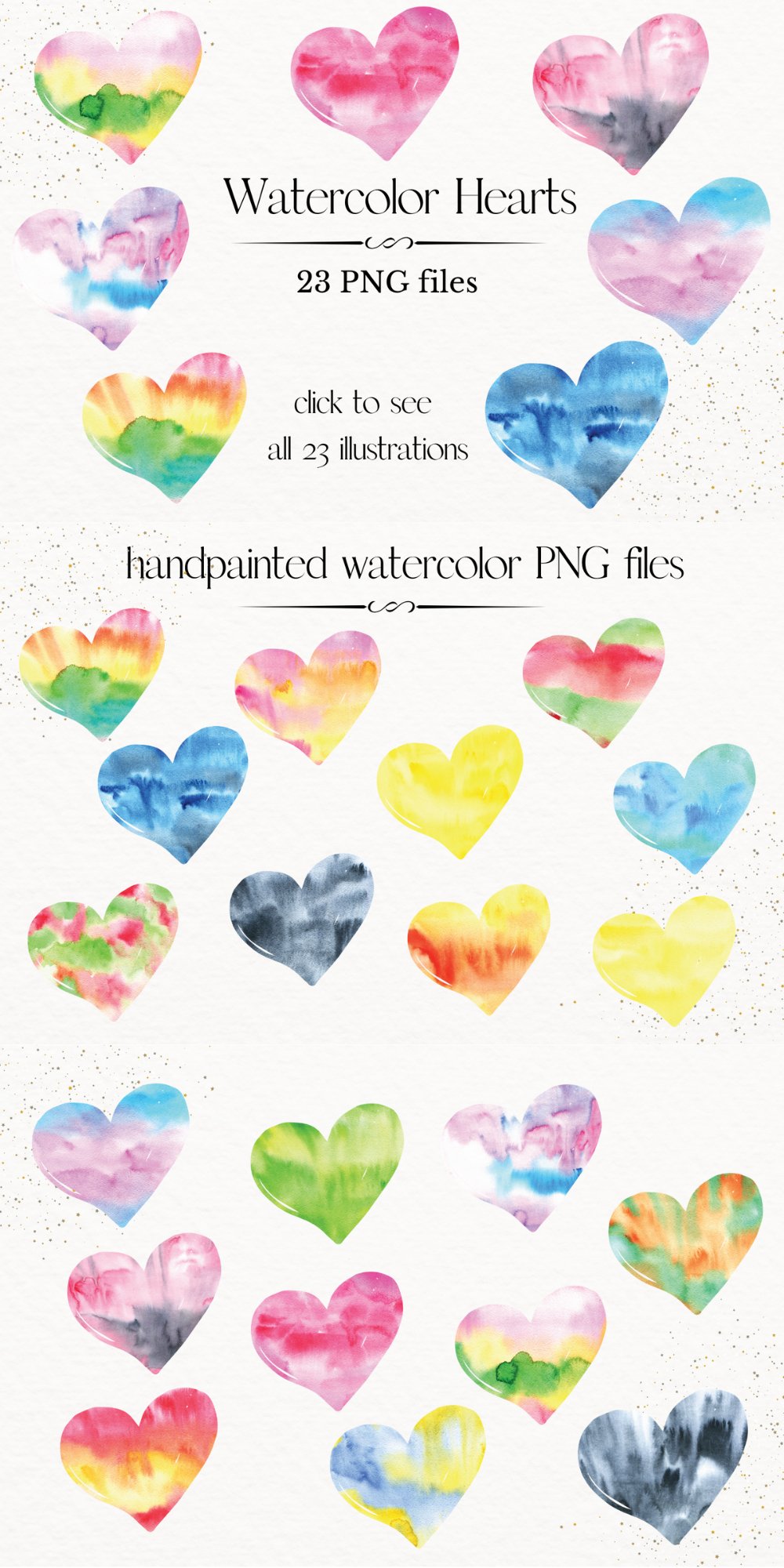 Watercolor Hearts Clip, Watercolor Texture Hearts Clipart