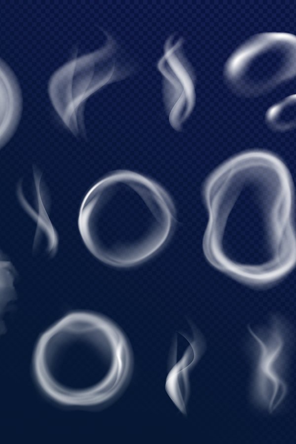 Cigarettes smoke circles. Gray flowing steam shapes fumes to