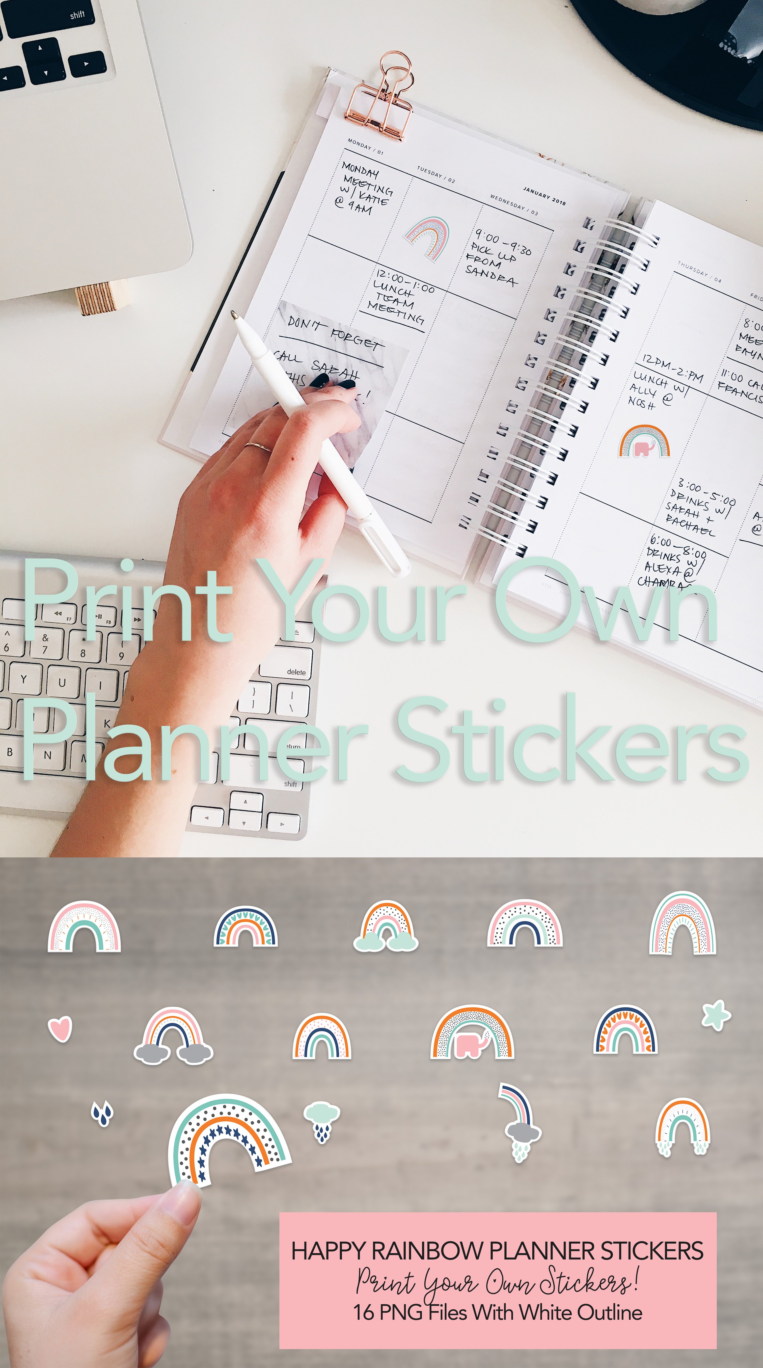 Printable Rainbow Planner Stickers - PNG Stickers