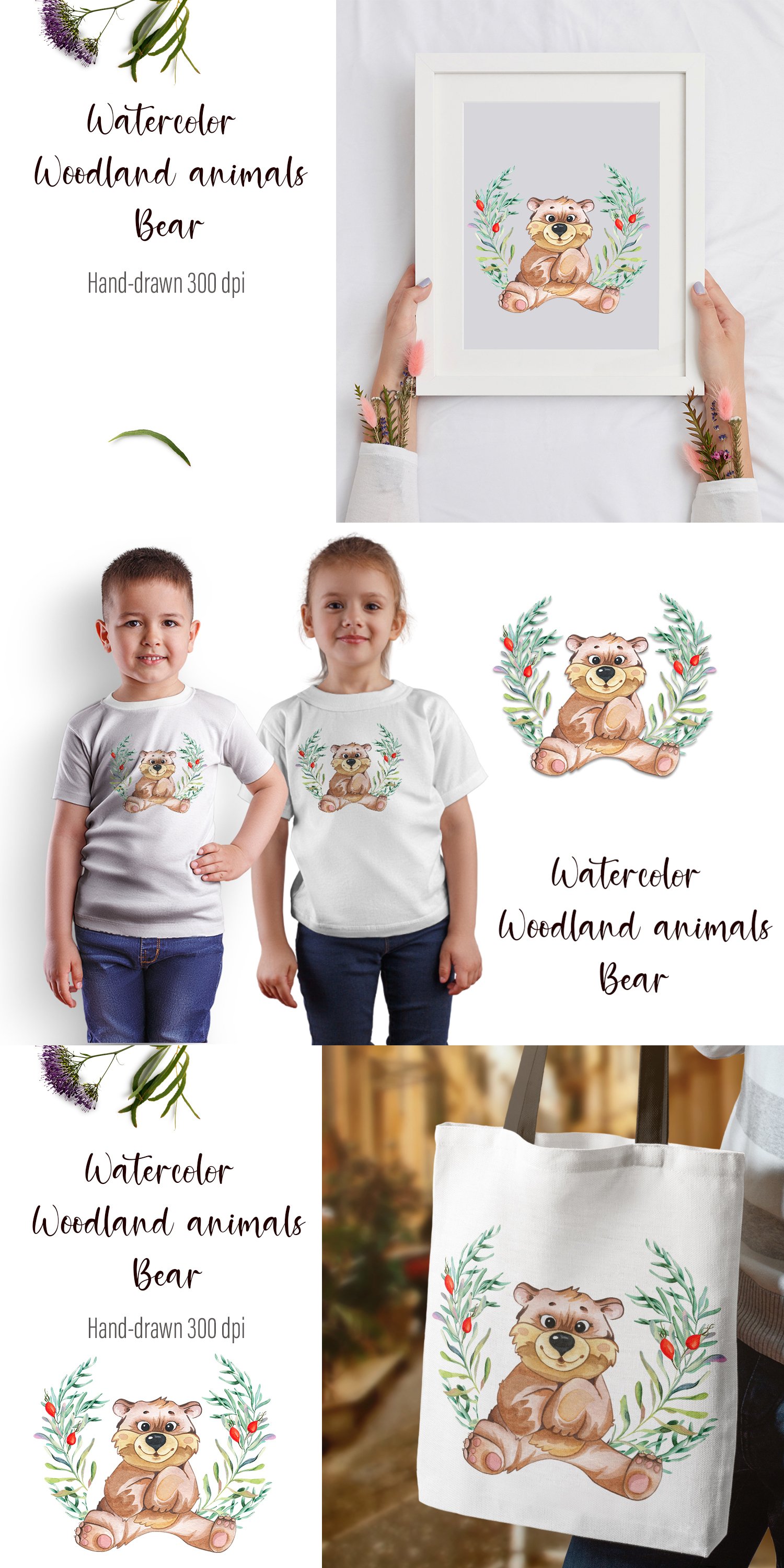 Watercolor bear and beautiful wreath PNG for sublimation