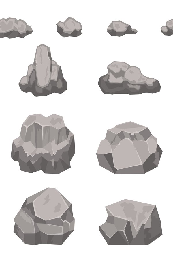 Cartoon stones, rocks, boulders, rubble and gravel pieces. N