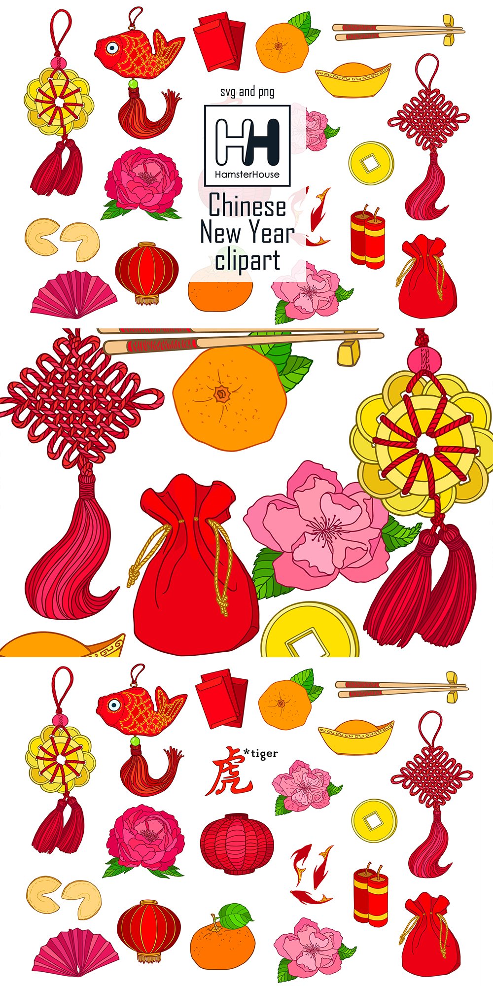 Chinese New Year hand draw clipart, color & bw, svg and png
