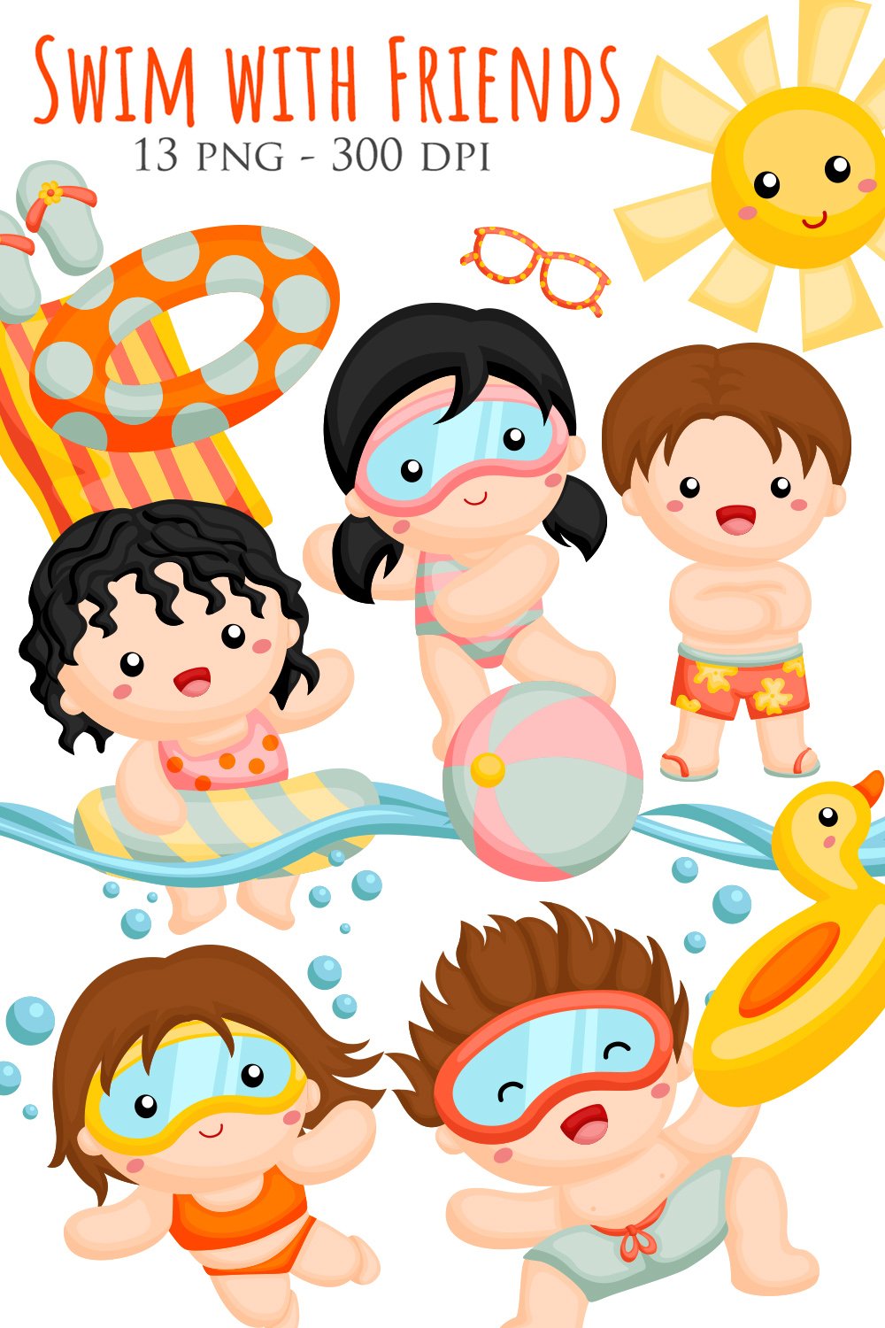 Happy Swimming Time Kids Holiday Summer Cartoon Illustration