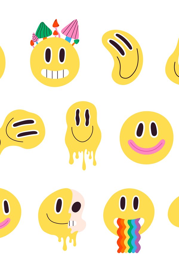 Trendy psychedelic distorted smiley faces with rainbow. Craz