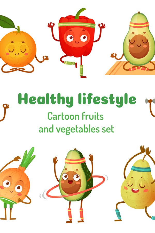 Sport fruits and vegetables. Healthy lifestyle mascots, frui