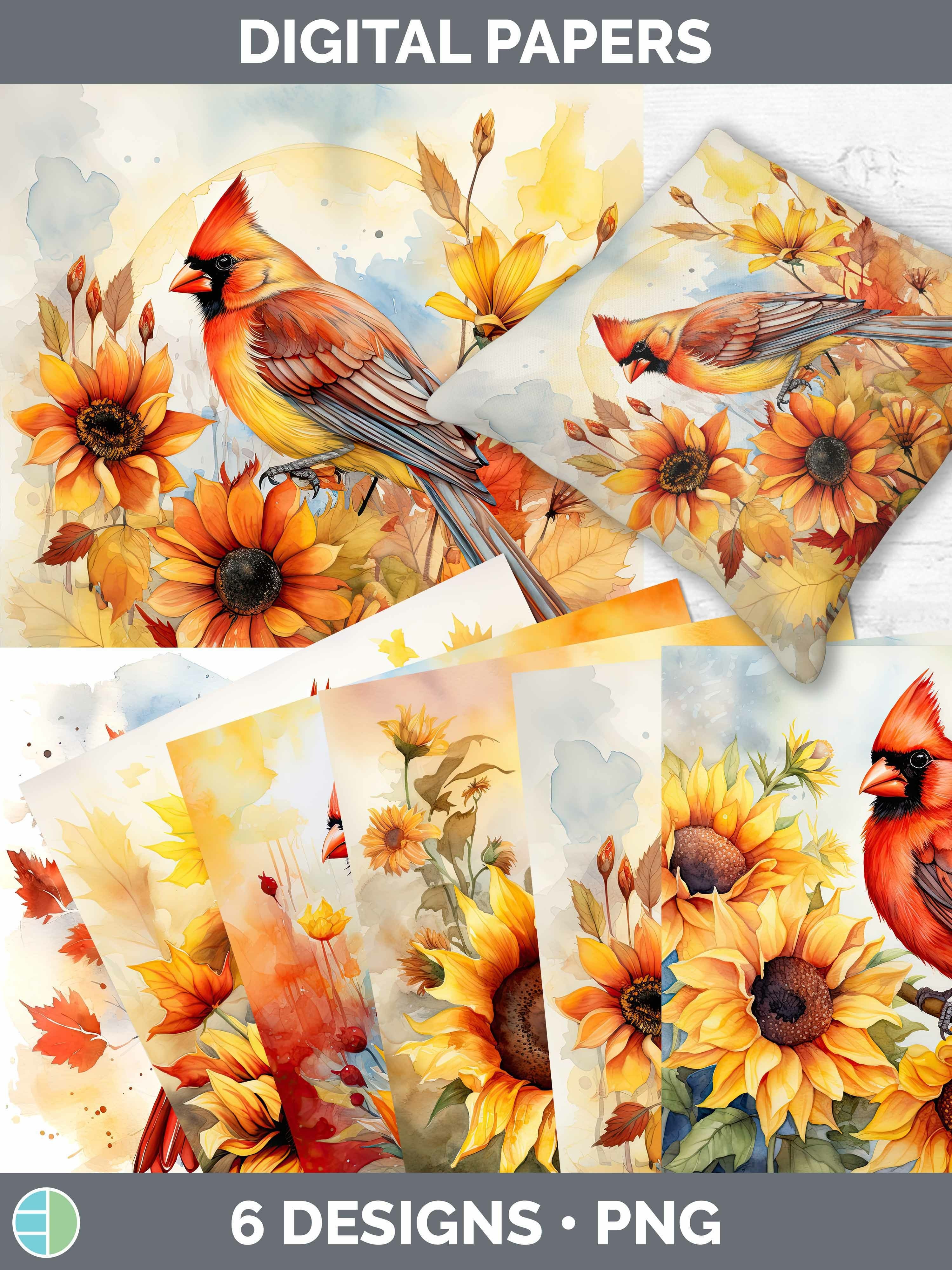 Autumn Cardinal Bird Paper Backgrounds | Bundle Digital Scra