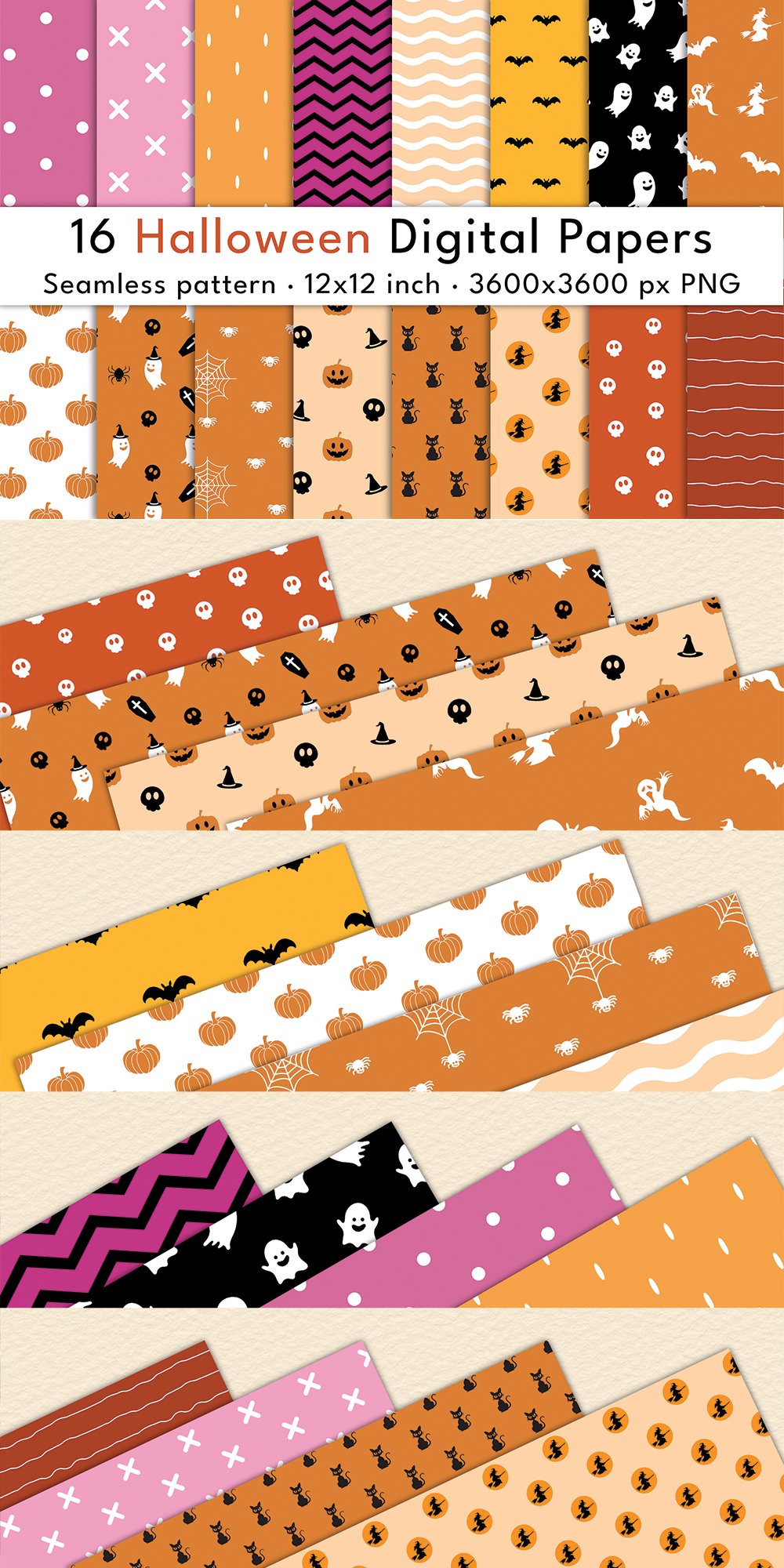 16 Halloween Digital Papers Bundles PNG Seamlesss Pattern