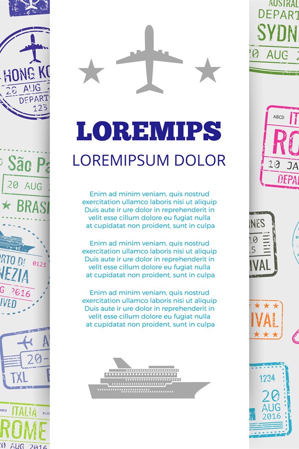 Travel banner with grunge passport stamps background
