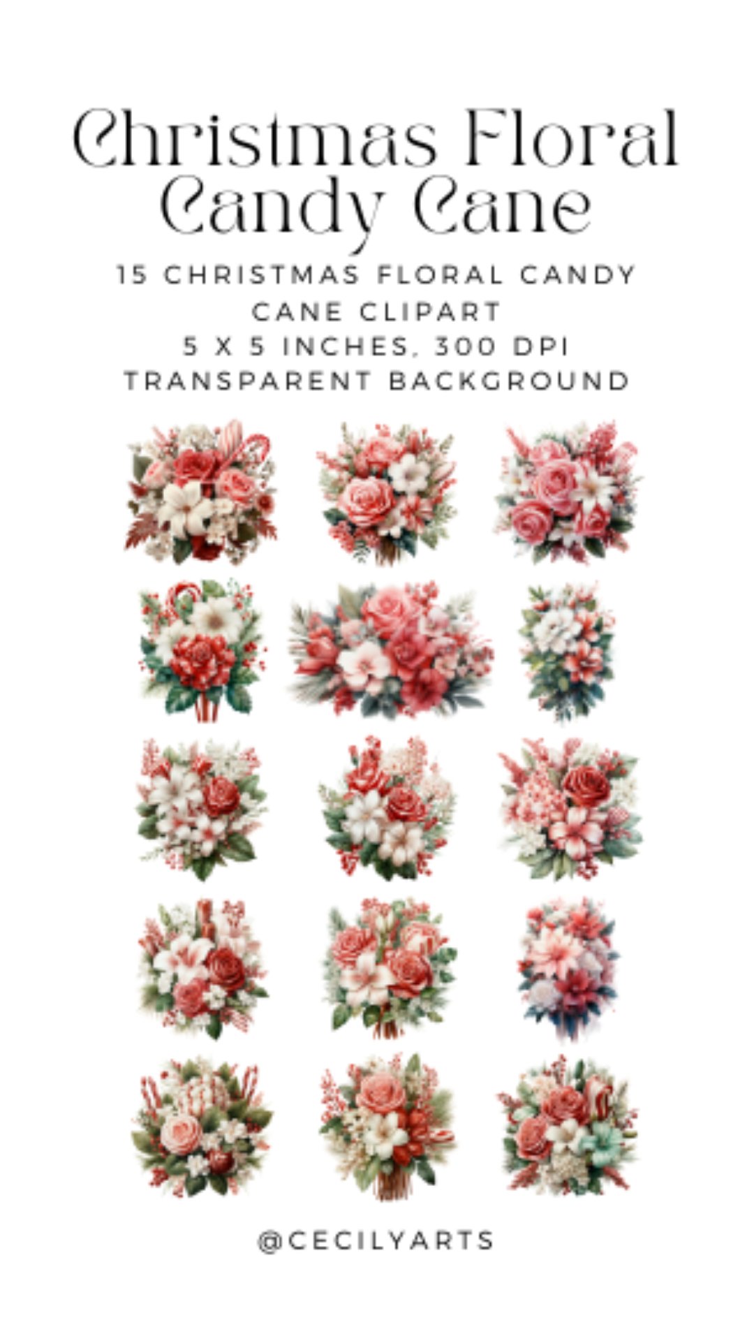 15 Watercolor Christmas Floral Candy Cane Clipart