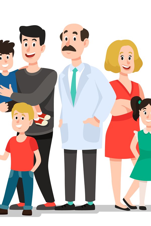 Family doctor. Smiling happy patients family portrait with d