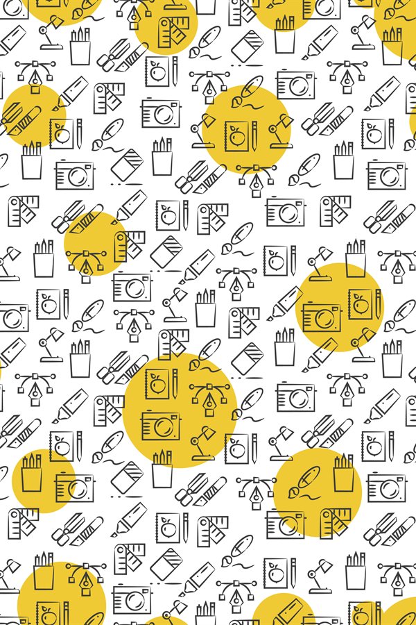 Office icons seamless pattern with yellow rounds