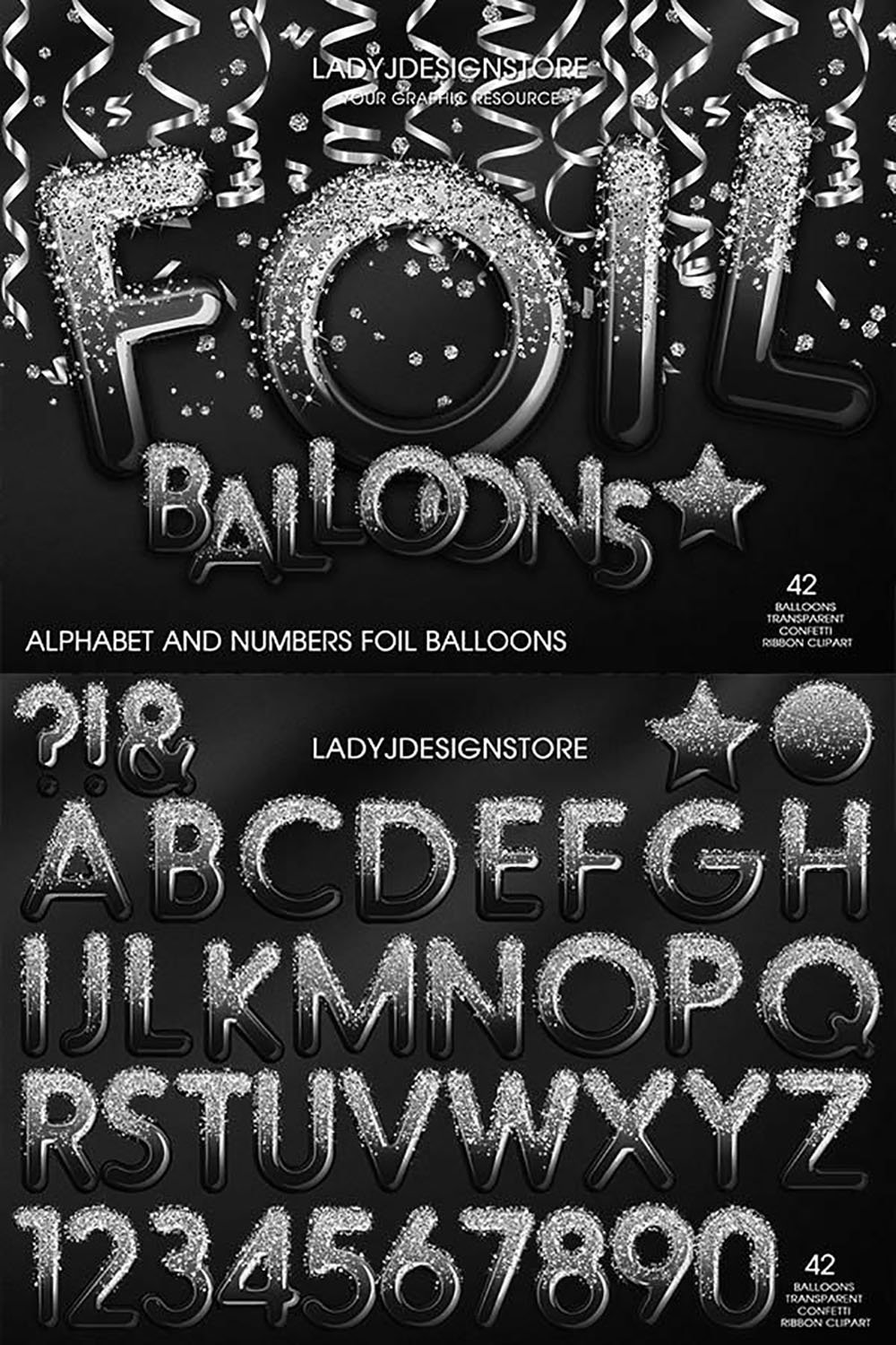 Black and Silver Glitter Foil Balloon Alphabet Clip Art PNG