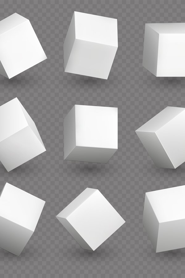 Cube 3d models in perspective. Realistic white blank cubes w