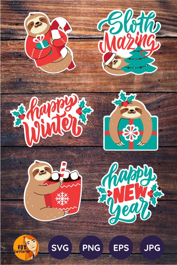 Cartoon sloths, quotes for Christmas. Printable stickers svg