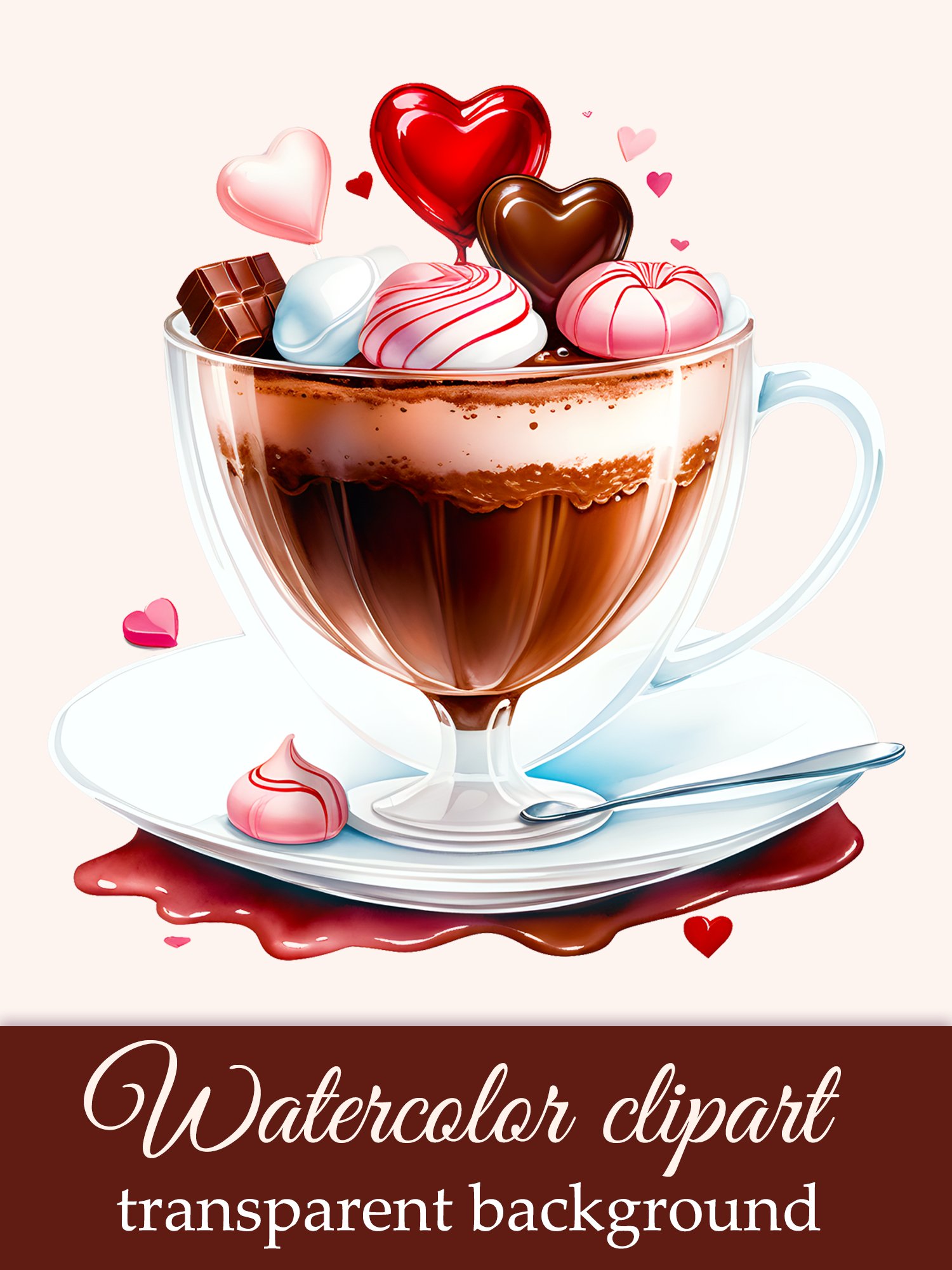 Watercolor coffee cup with hearts and chocolate, clipart Png