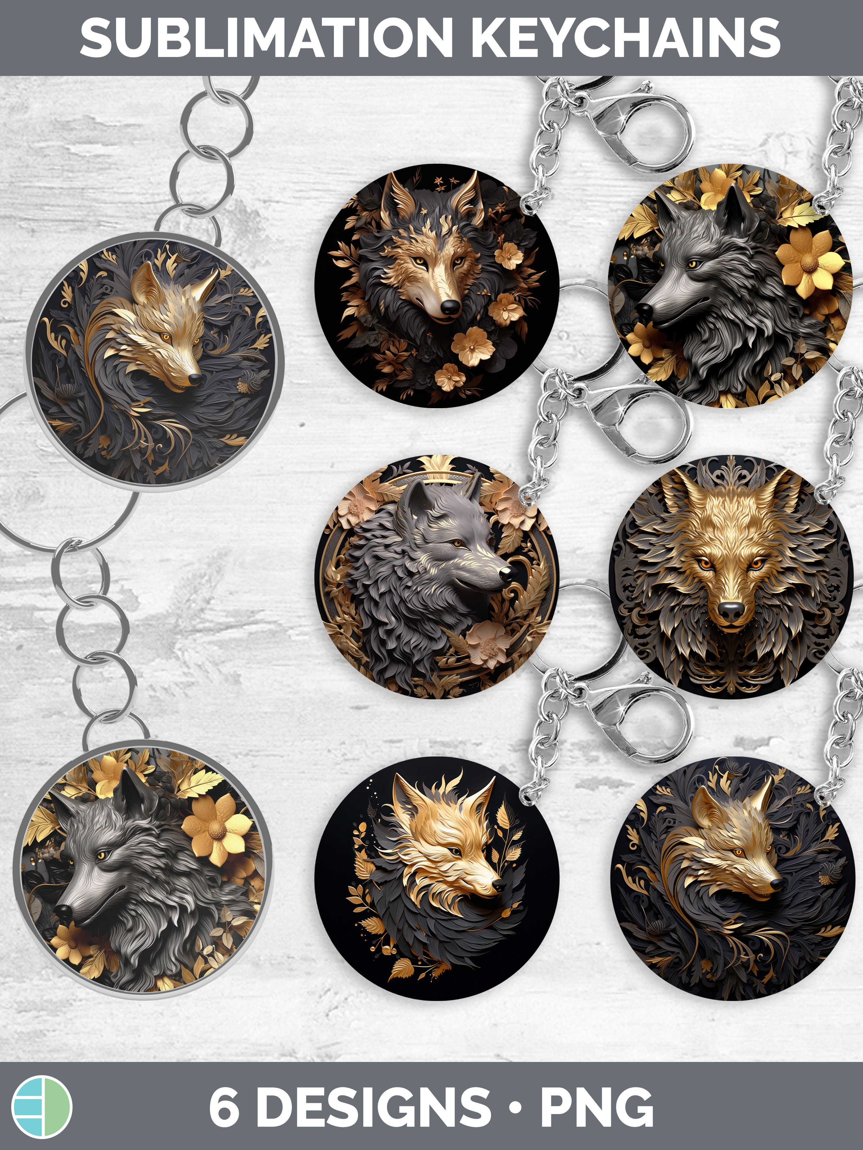 3D Black and Gold Wolf Keychain | Sublimation Keyring Design