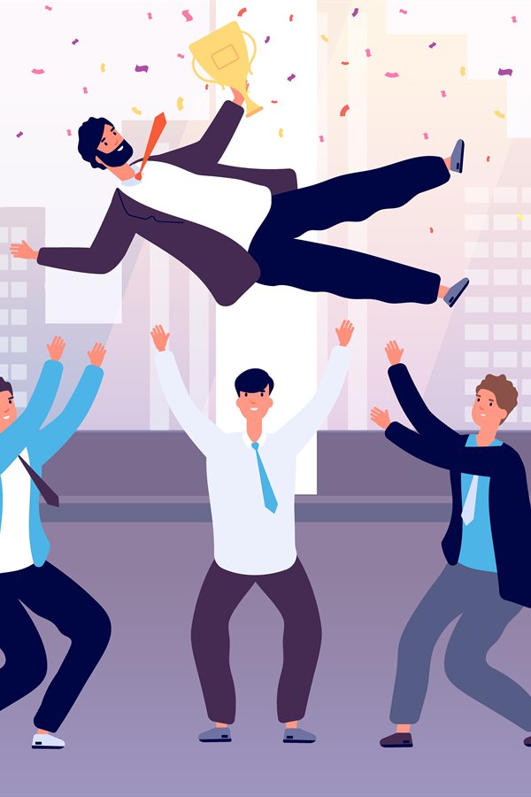 Team celebrates victory. Employees throw colleague up celebr