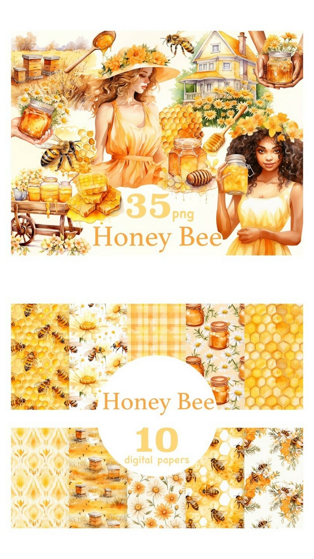 Honey Bee Digital Paper Set | Bees Pattern