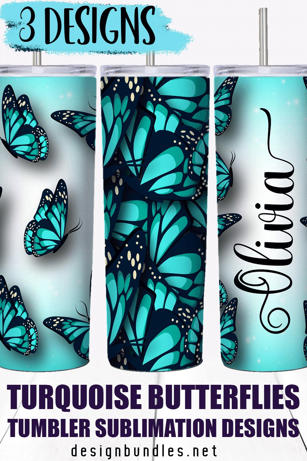 Turquoise Butterflies tumbler sublimation design