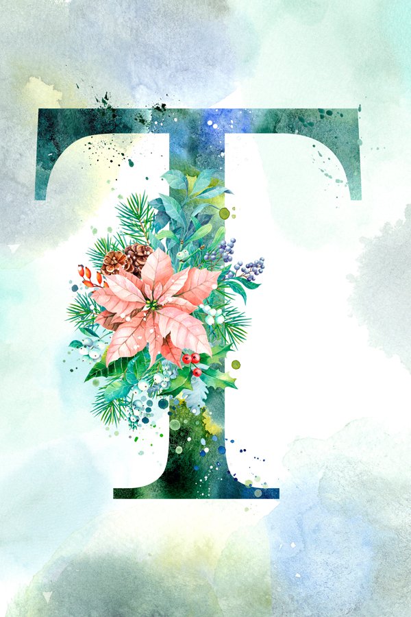 Christmas Watercolor Letter, Monogram T. Sublimation Design.