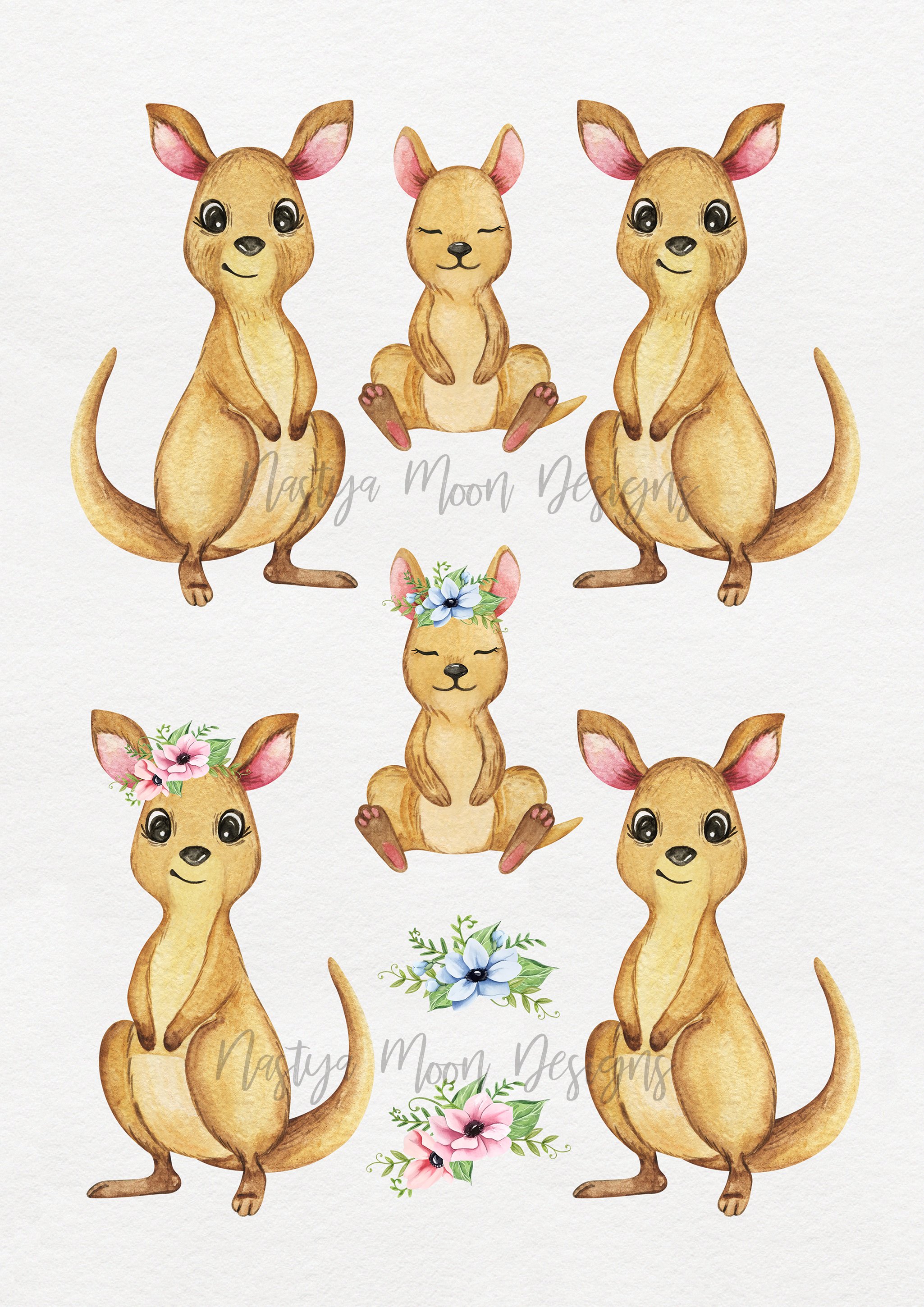 Watercolor Australian Kangaroo clipart, Mom and baby family