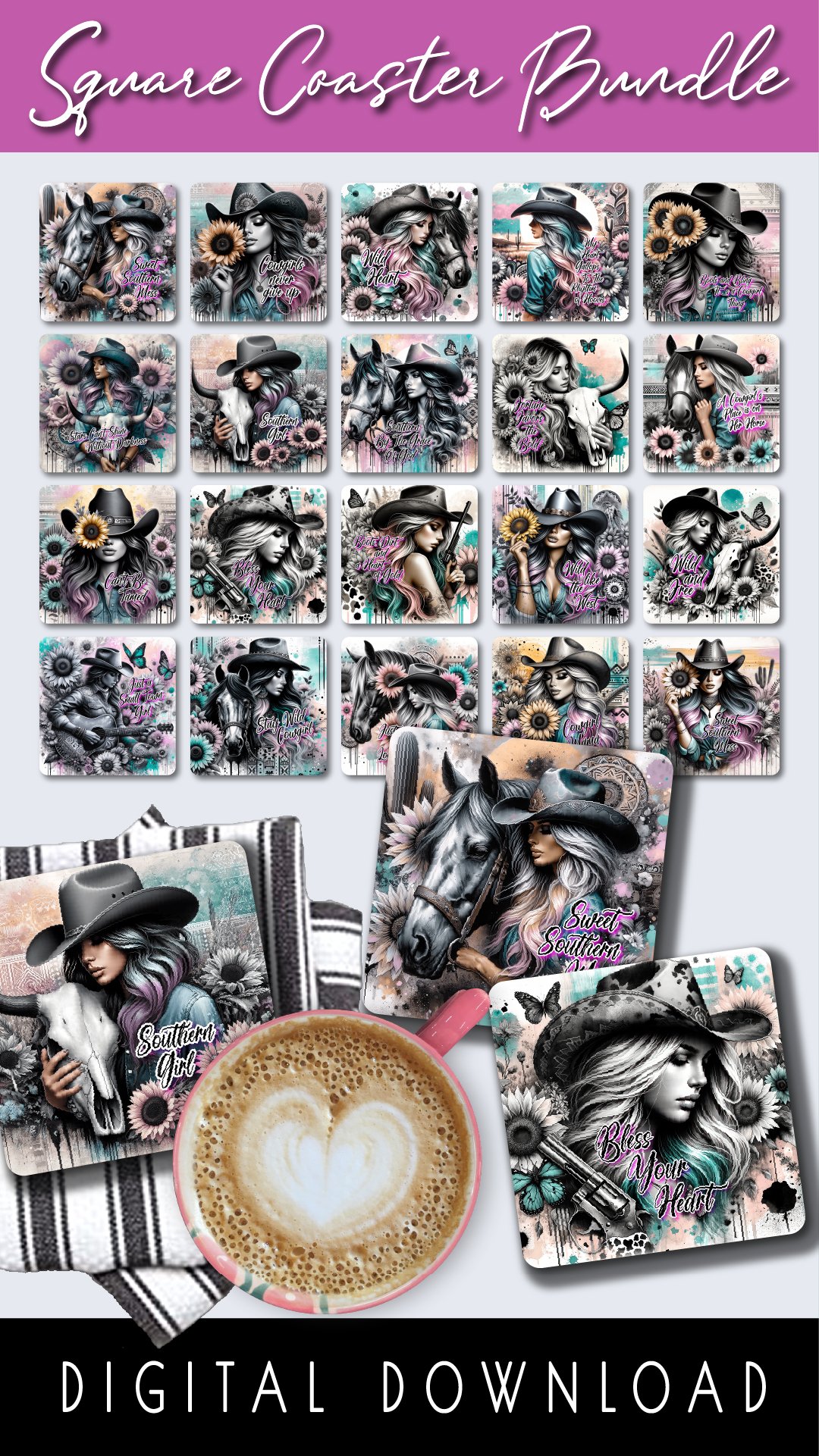 Western Coaster Bundle - Cowgirl Square Coaster Bundle