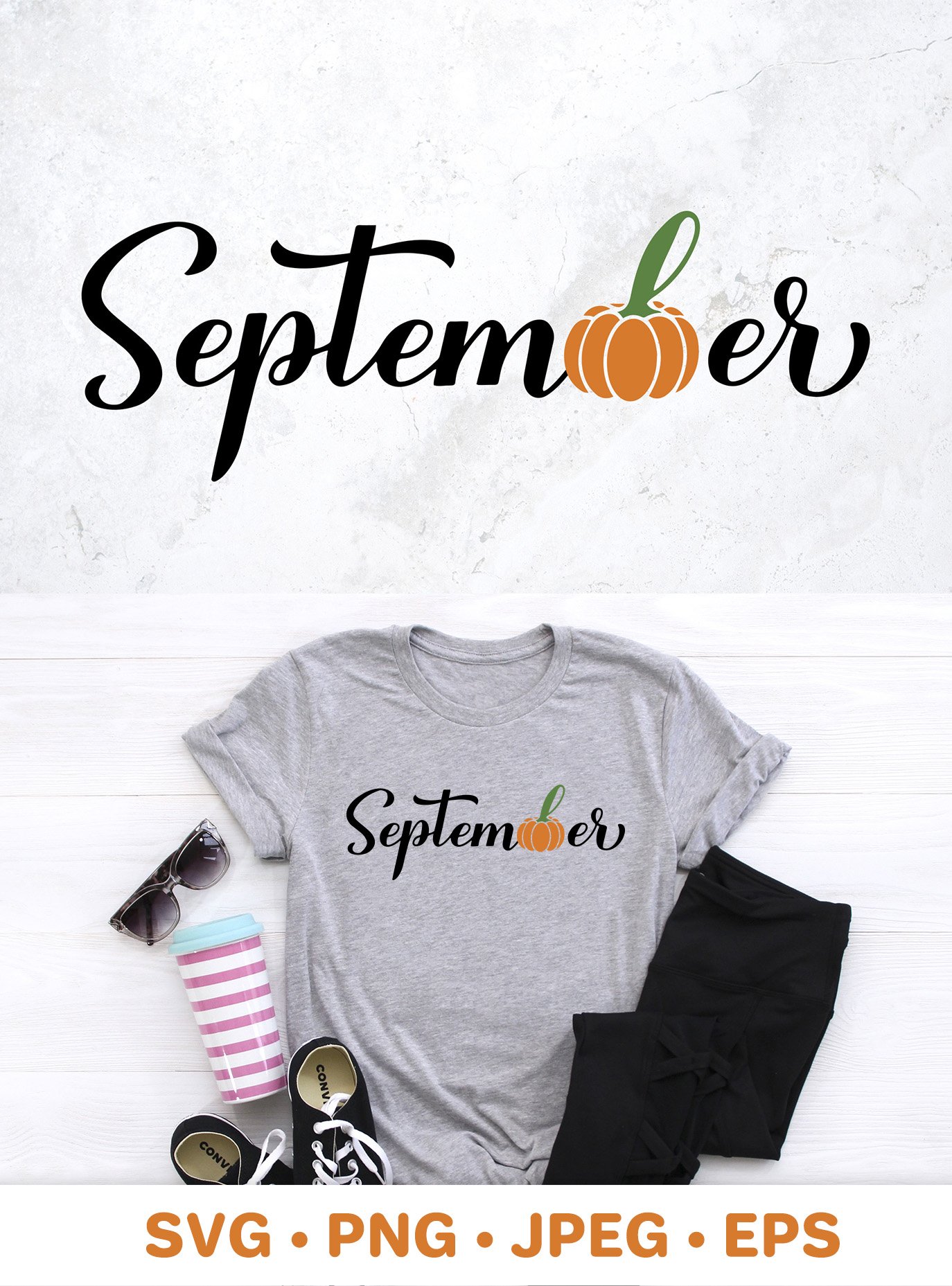 September SVG. Fall calligraphy lettering with pumpkin.