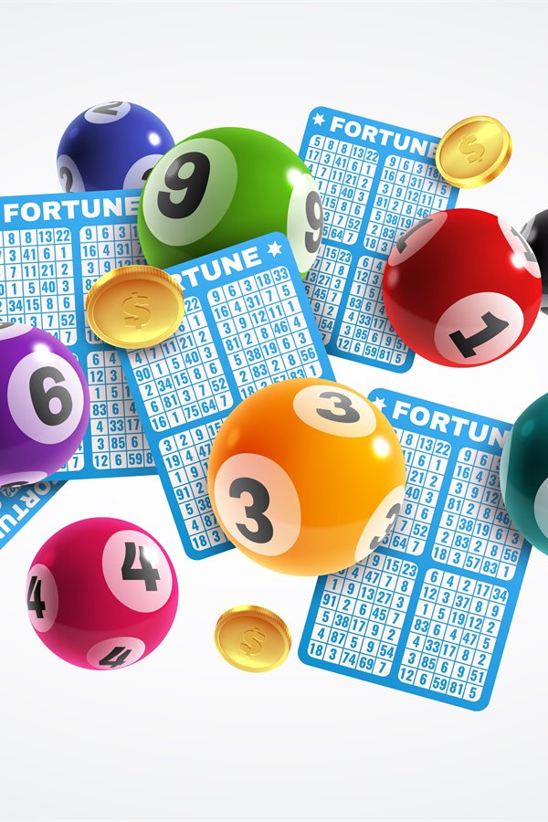 Lottery banner. Realistic lottery tickets and drawing balls,