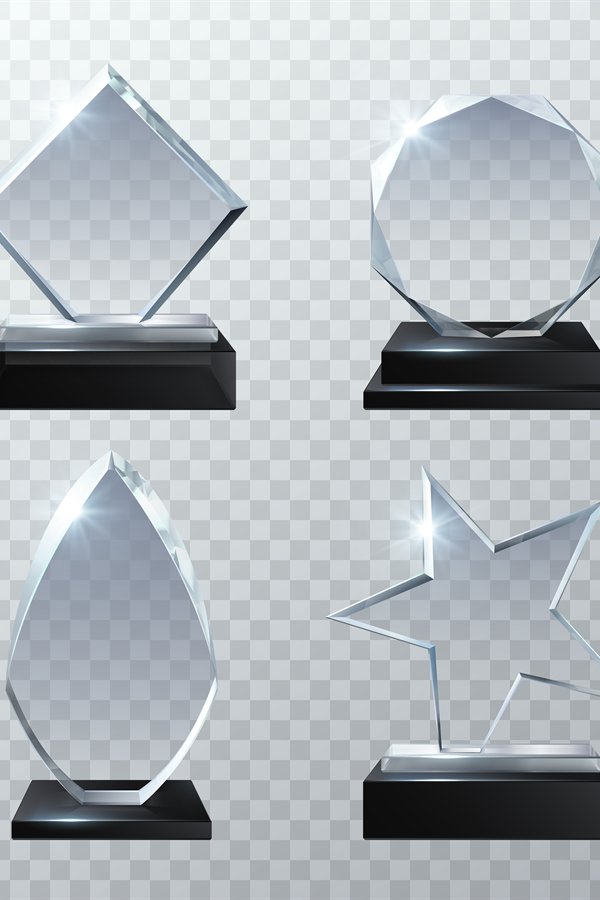 Clear glass trophy awards isolated on transparent background