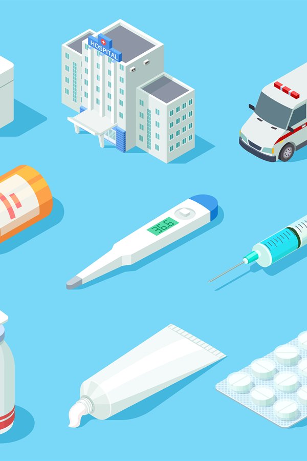 First aid kit. Medical pharmacy oral spray, medicines and pi