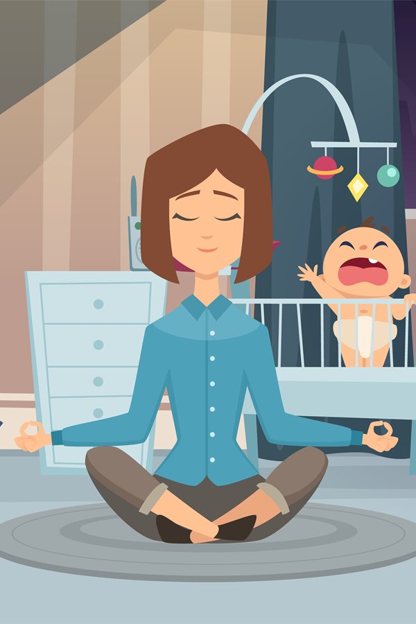 Meditation mother. Calm woman and crazy children. Young mom