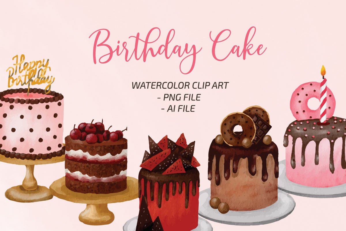 Birthday Cake Watercolor Clipart Set PNG