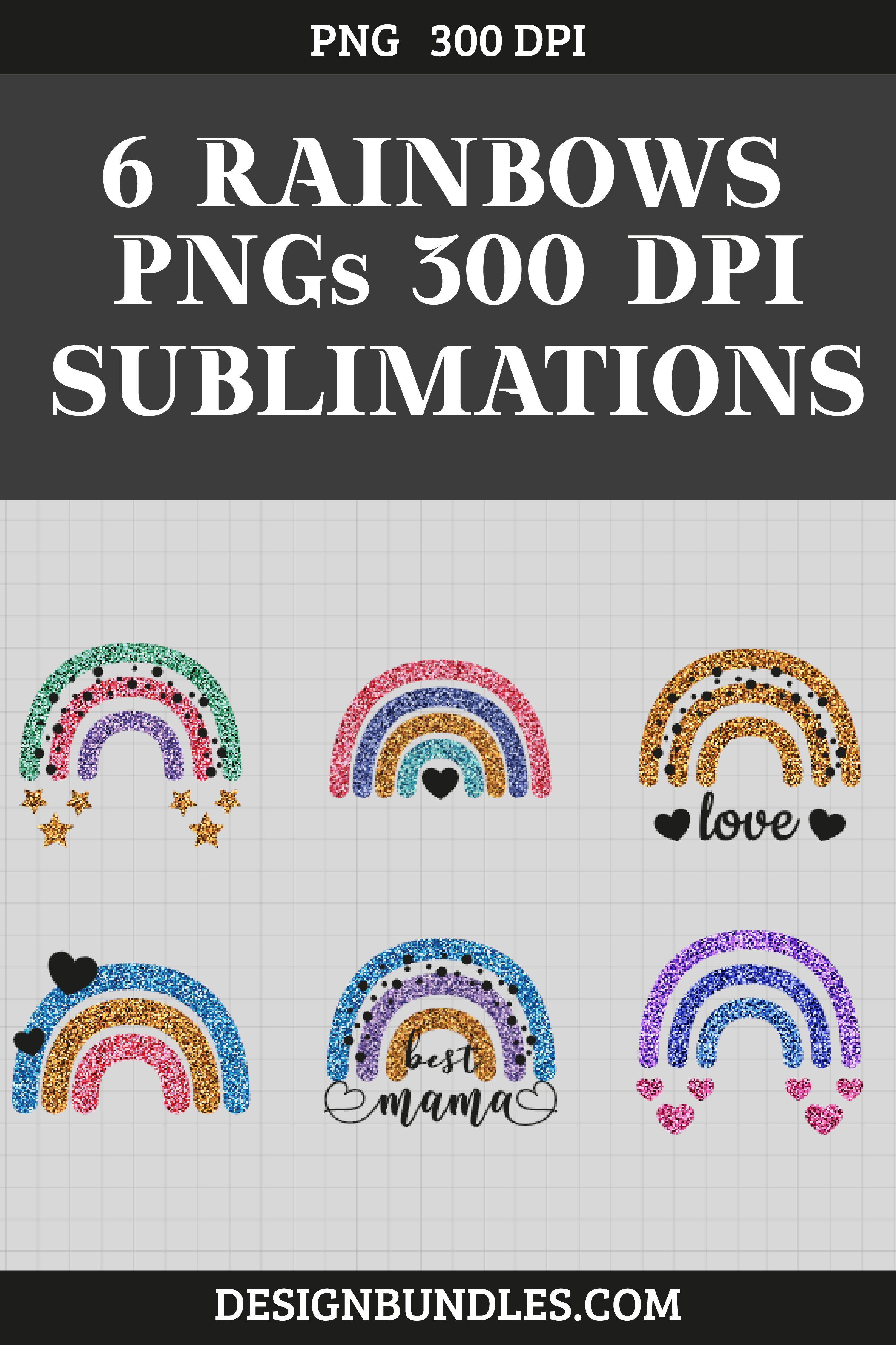 6 Glitter Rainbows designs 300 DPI PNG