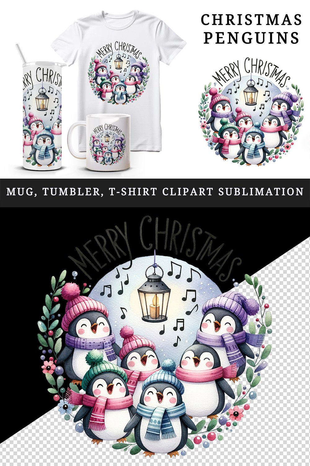 Christmas penguins tumbler mug wrap, clipart sublimation png