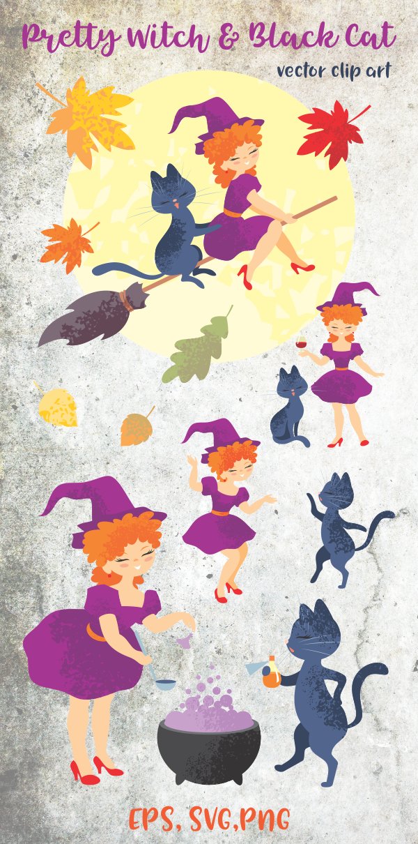 Pretty witch and black cat. Halloween clip art