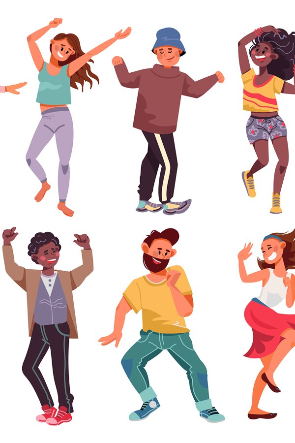 Dancing people. Happy cartoon teens, young modern person dan